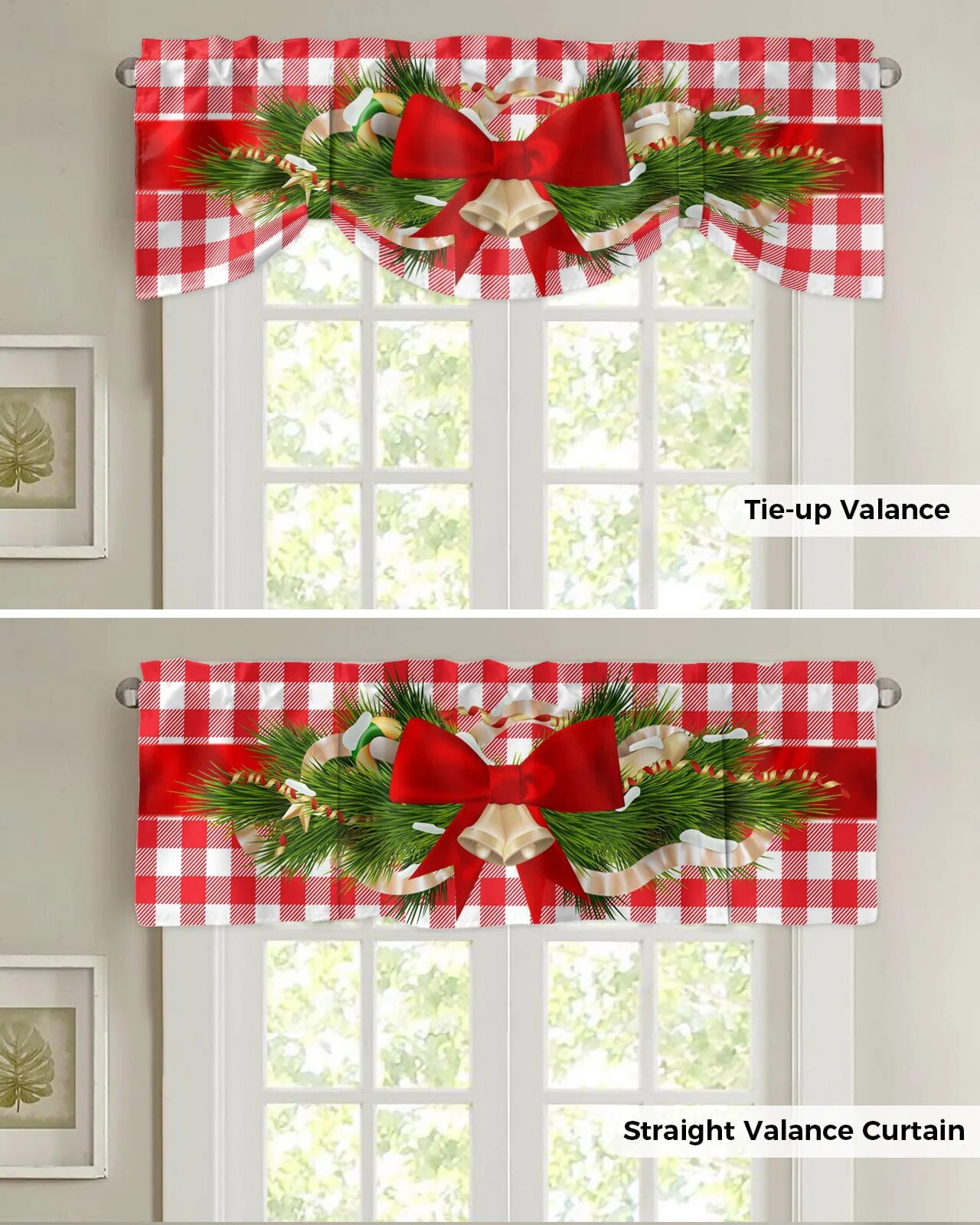 Christmas Red Plaid Bow Window Curtain Living Room Kitchen Cabinet Tie ...