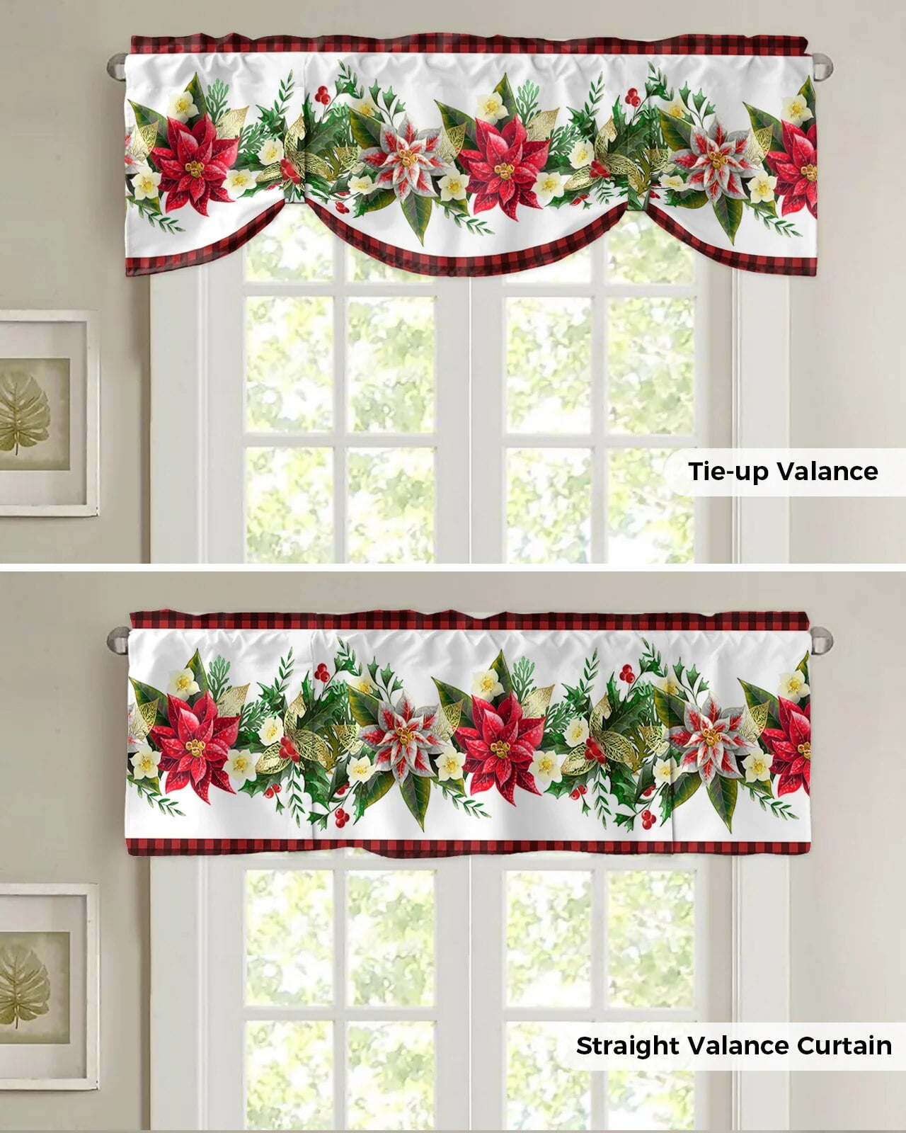 Christmas Red Plaid Bow Window Curtain Living Room Kitchen Cabinet Tie ...