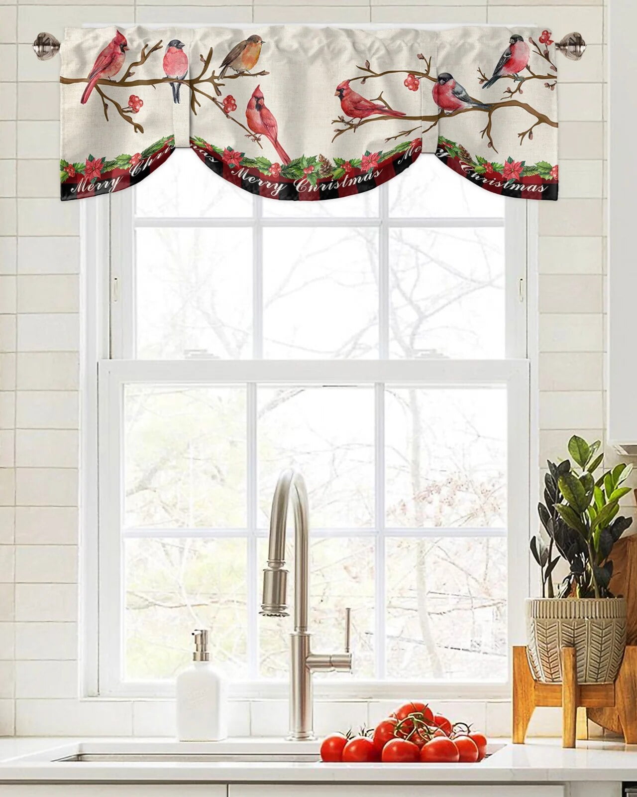 Christmas Red Plaid Cardinal Window Curtain Living Room Kitchen Cabinet ...