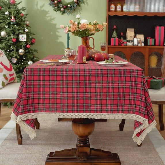Christmas Red Plaid Tablecloth - Woven Polycotton with Gold Thread ...