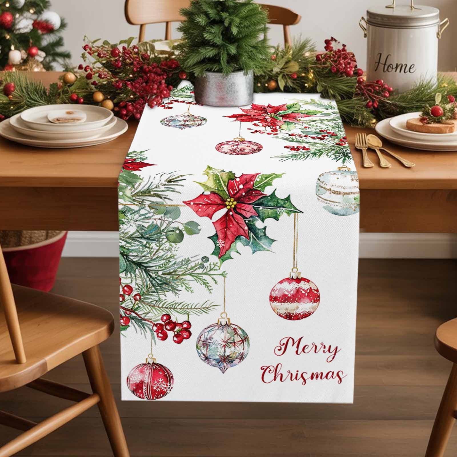 Christmas Red Poinsettia Flower Bell Table Runner 13x70in Non-Slip ...