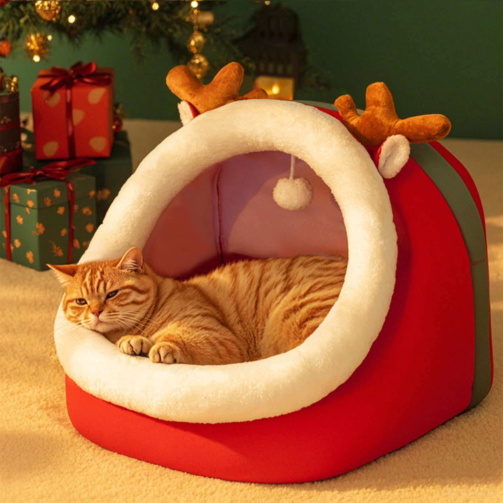 Christmas Red Reindeer Pet Bed, Semi-Enclosed Kitty Bed for Small Dogs ...