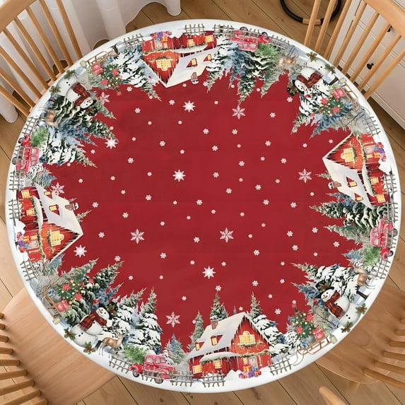 Christmas Red Round Fitted Tablecloth with Elastic Edge 44-48 Inch Xmas ...