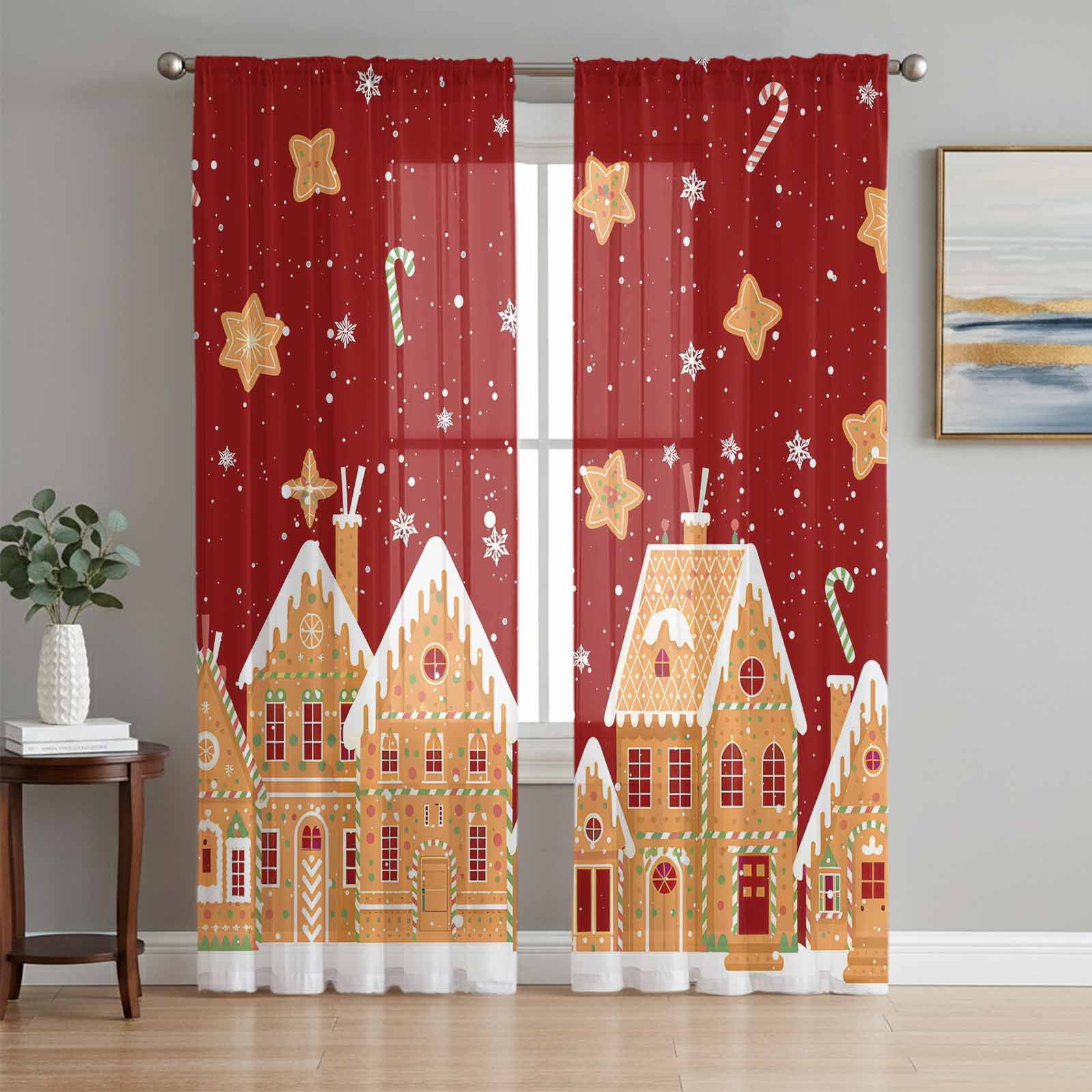 Christmas Red Sheer Curtains 63 Inch Length 2 Panels Set, Winter Xmas ...