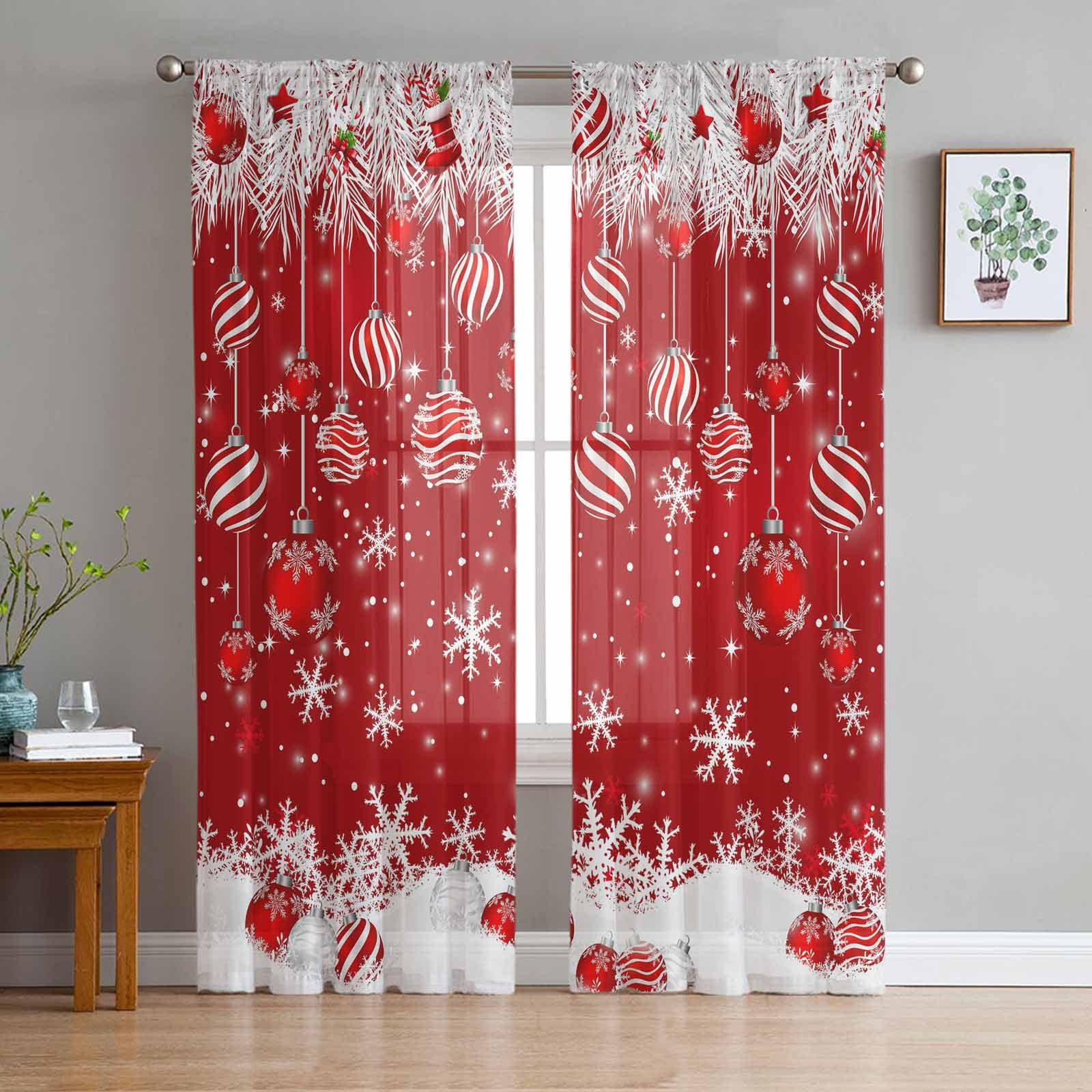 Christmas Red Sheer Curtains 84 Inches Long, Snowflake Xmas Ball Winter ...