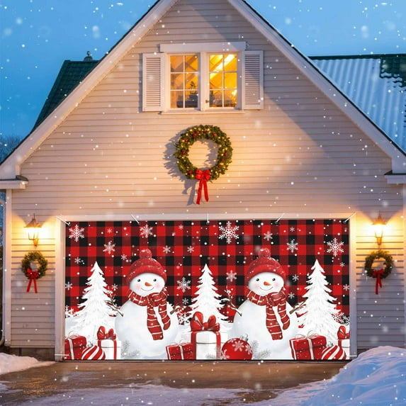 Christmas Red Snowman Garage Door Banner Covers, White Pine Tree Xmas ...