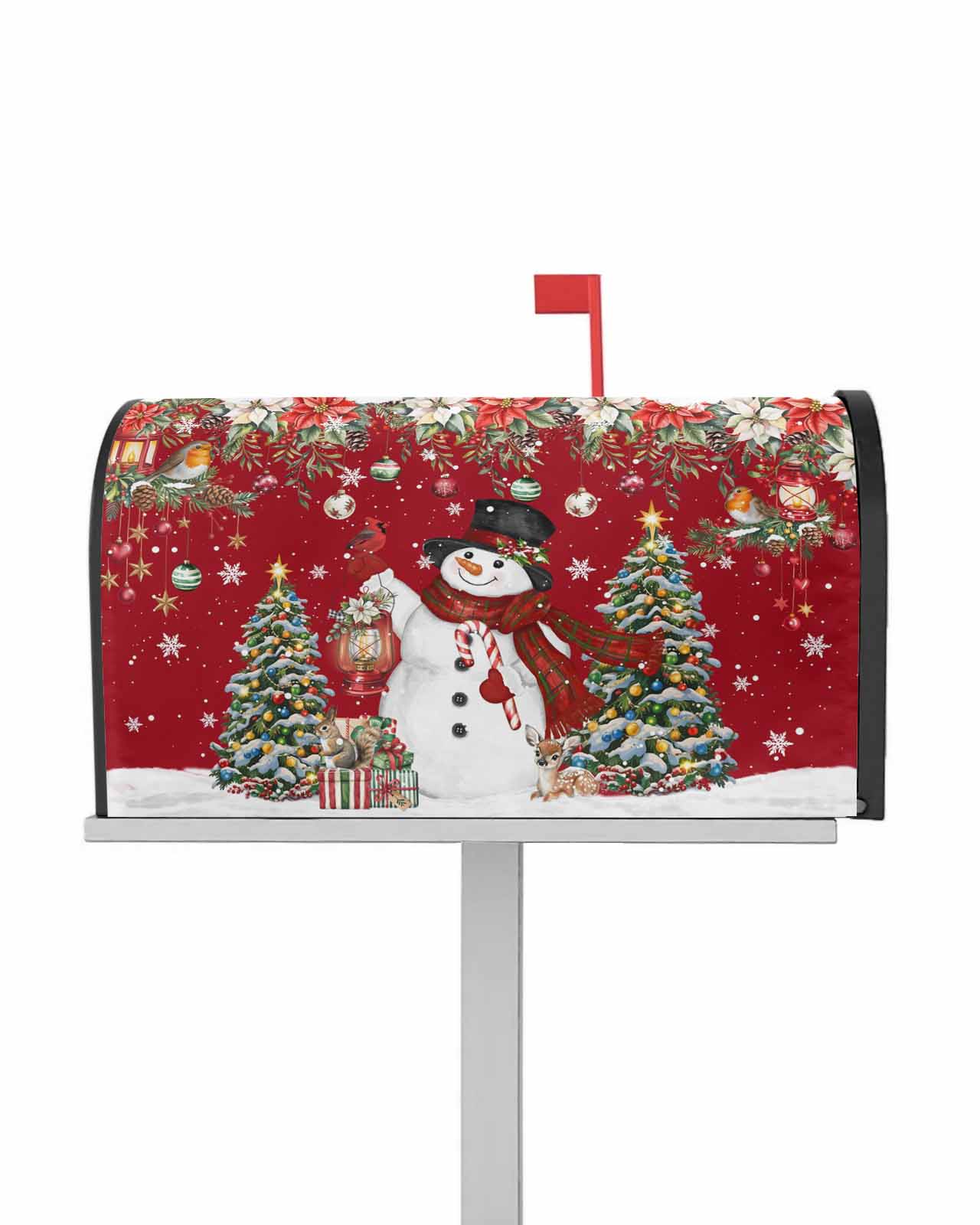 Christmas Red Snowman Mailbox Cover, Xmas Tree Poinsettia Balls Winter ...