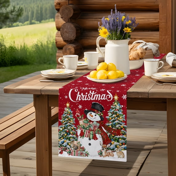 Christmas Red Snowman Tree Table Runner 13x72in Non-Slip Cotton Linen ...