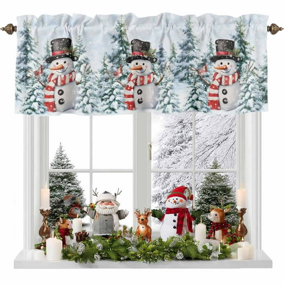 Christmas Red Snowman Valances for Windows, Winter Snow Scene Pine Tree ...
