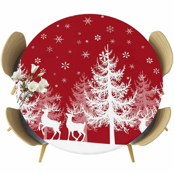 Christmas Red Table Cloth, Round Fitted Tablecloths with Elastic Edge ...