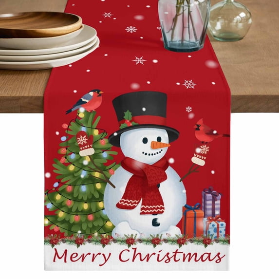Christmas Red Table Runner 72 Inches, Xmas Snowman Pine Tree Cardinal ...