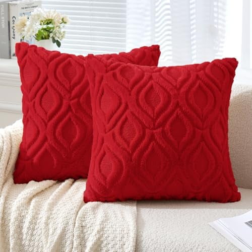 Christmas Red Throw Pillow Covers 18x18 Inch, Soft Winter Plush Faux ...