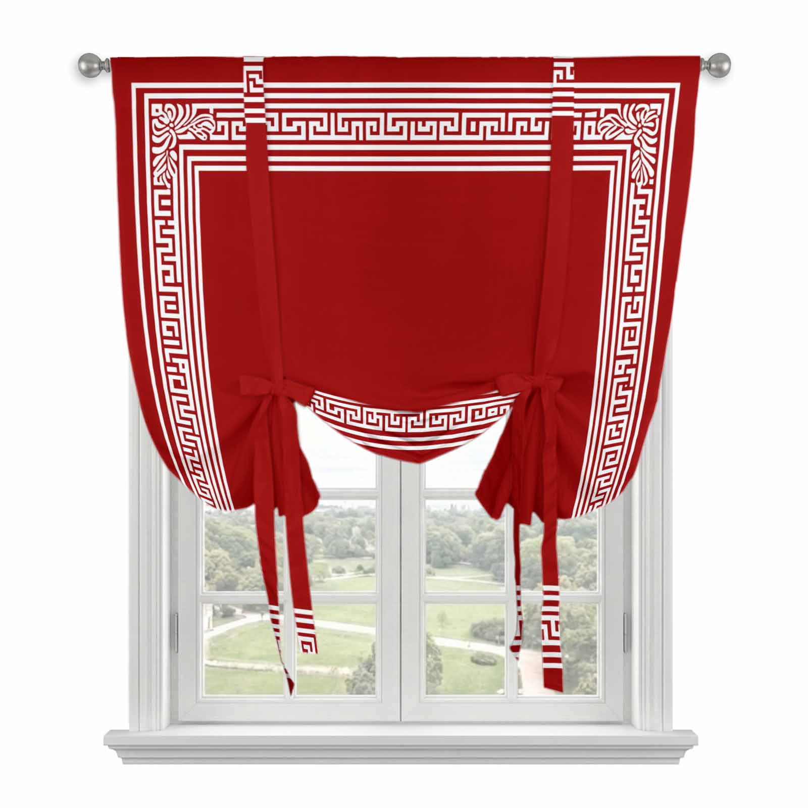 Christmas Red Tie Up Curtains, Greece Vintage Farmhouse Adjustable Rod ...