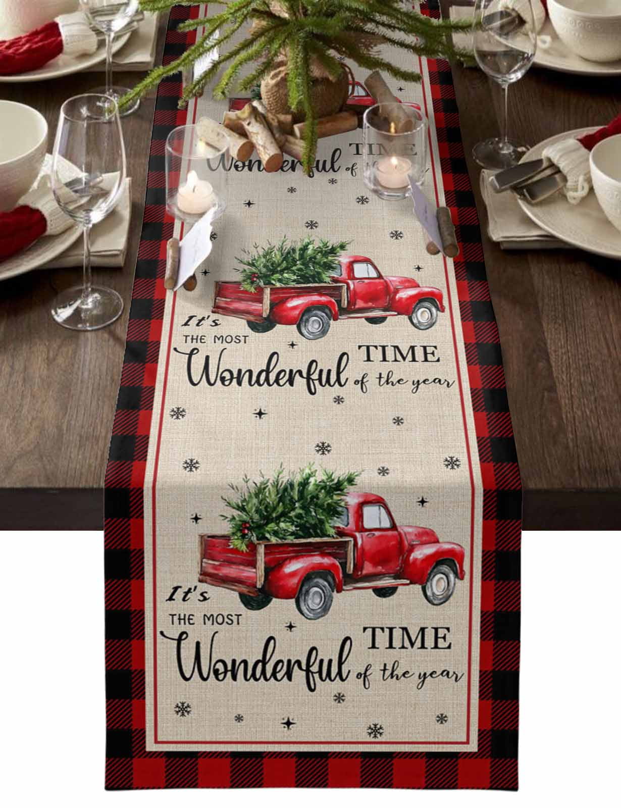 Christmas Red Truck Cotton Linen Table Runner for Dining Kitchen ...