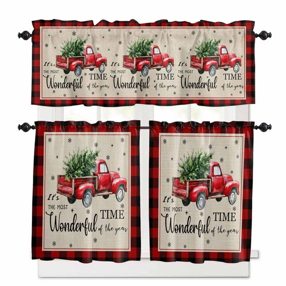 Christmas Red Truck Kitchen Curtains Valances and Tiers Set of 3 Winter ...
