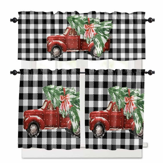 Christmas Red Truck Kitchen Curtains Valances and Tiers Set of 3 Xmas ...