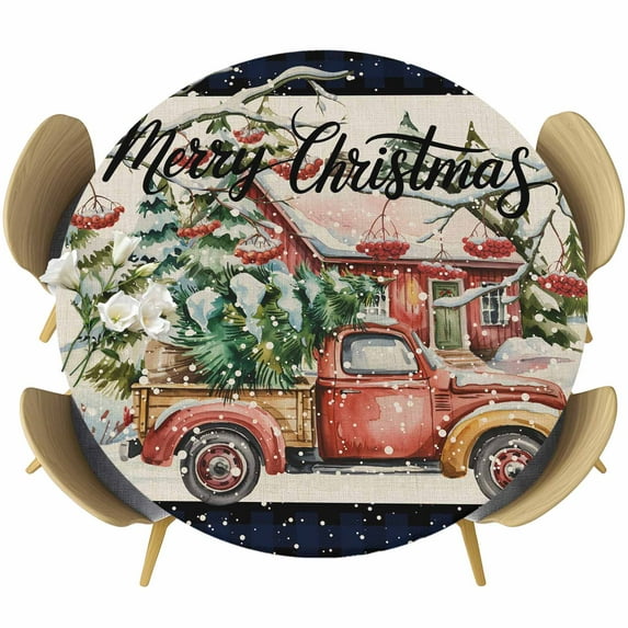 Christmas Red Truck Round Tablecloth, Fitted Table Cover with Elastic ...