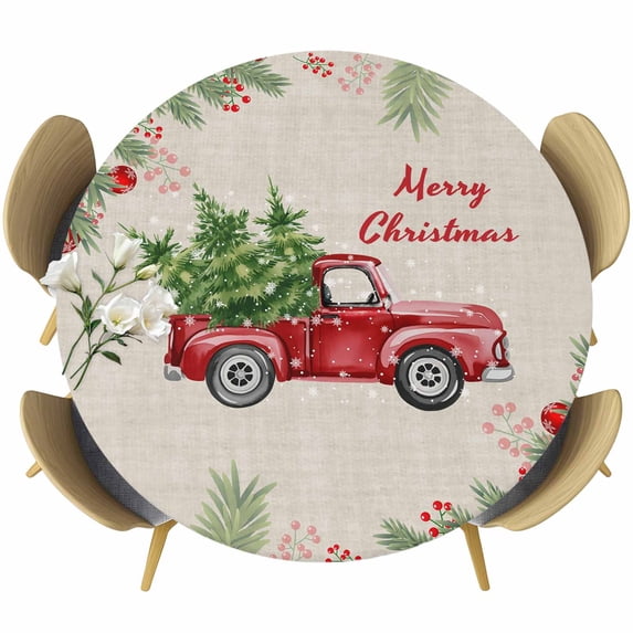 Christmas Red Truck Round Tablecloth, Fitted Table Cover with Elastic ...