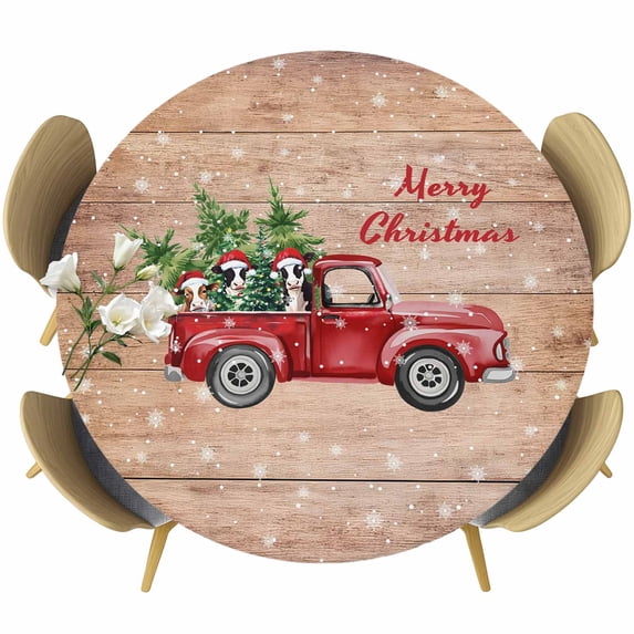 Christmas Red Truck Round Tablecloth, Fitted Table Cover with Elastic ...