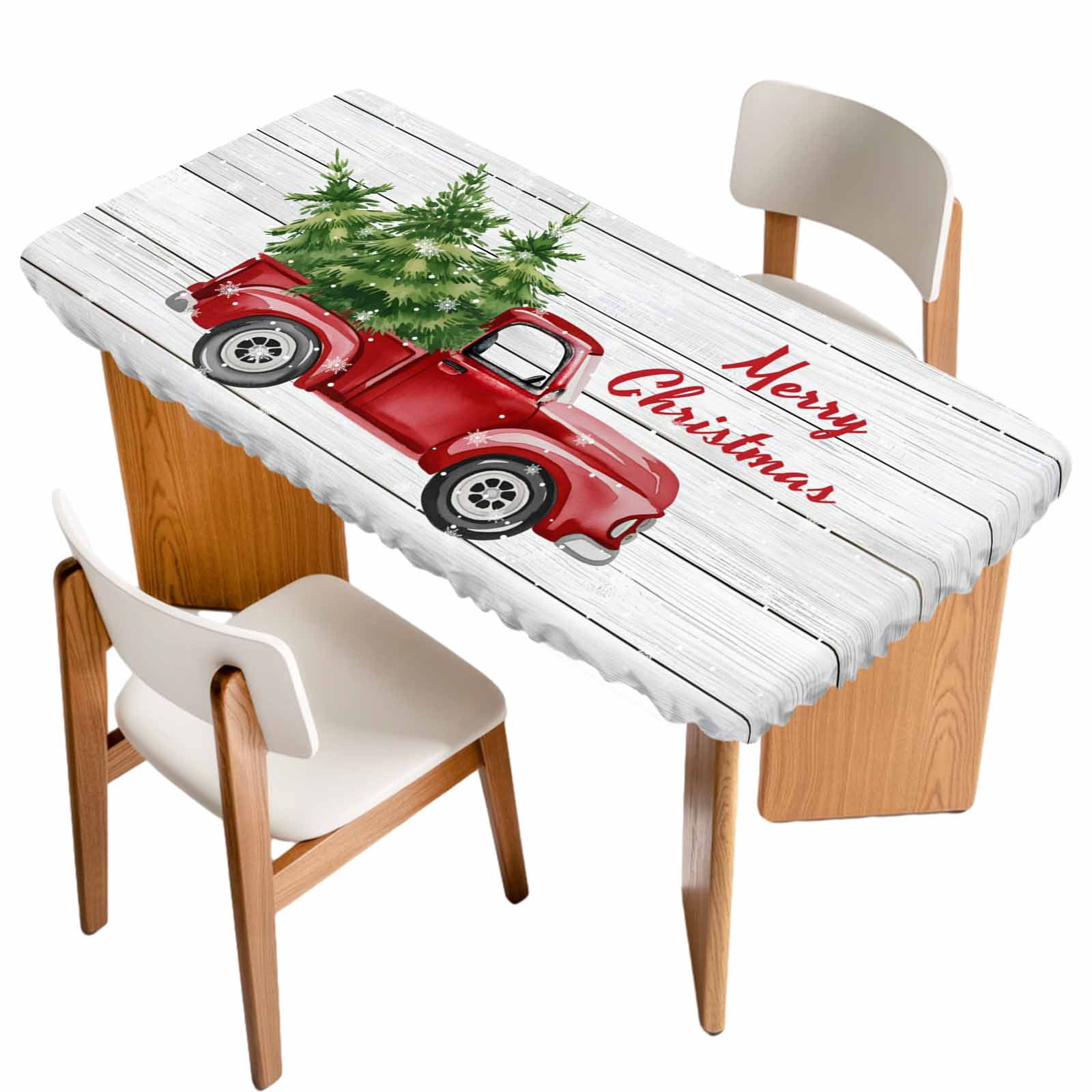 Christmas Red Truck Table Cloths for 5 Foot Rectangle Tables, Xmas Pine ...