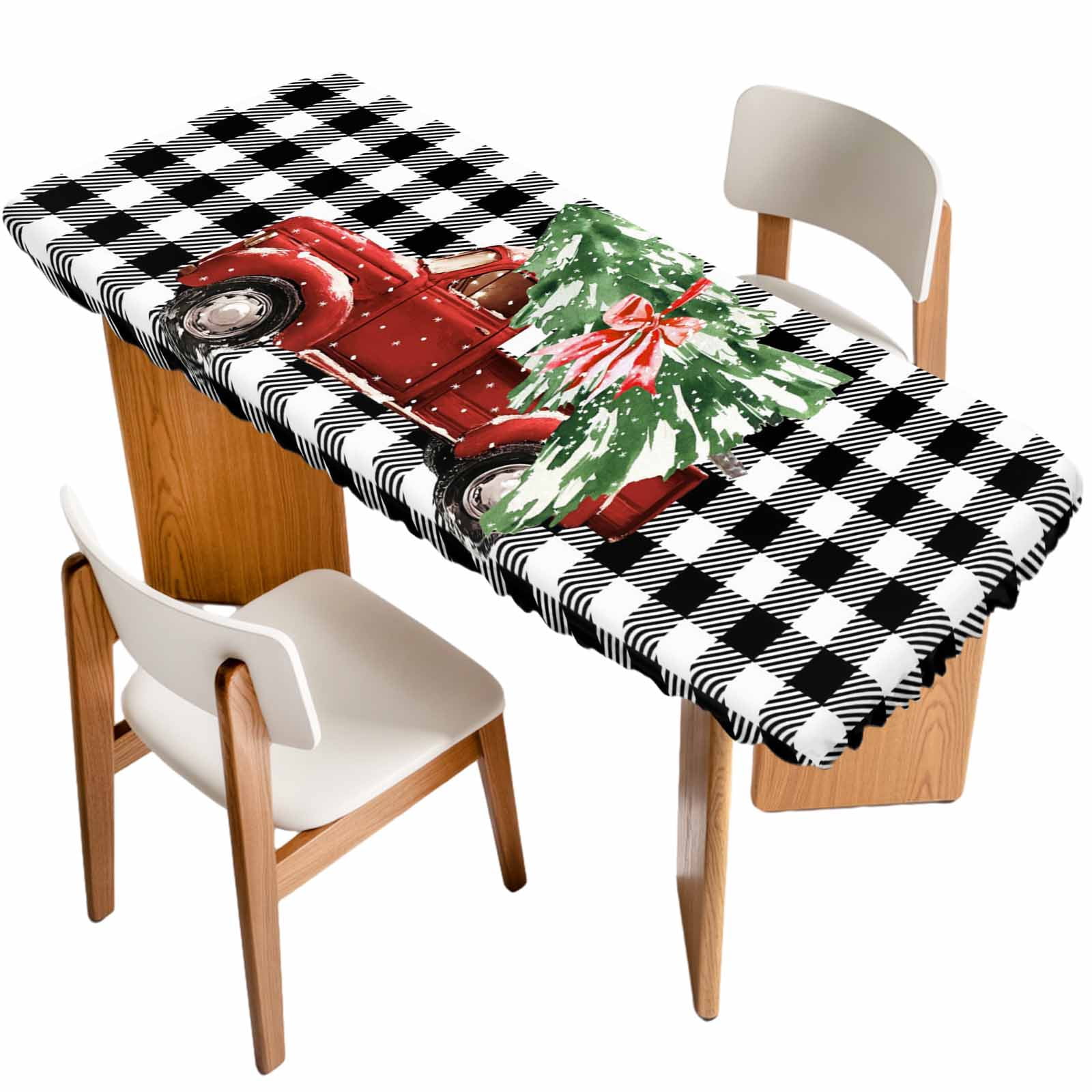 Christmas Red Truck Table Cloths for 8 Foot Rectangle Tables, Xmas Tree ...