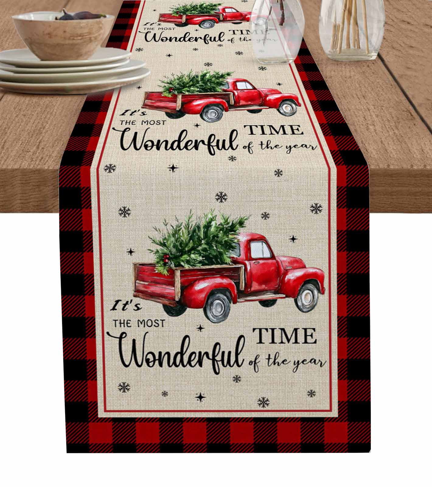 Christmas Red Truck Table Runner 36 Inches, Buffalo Plaid Xmas Tree ...