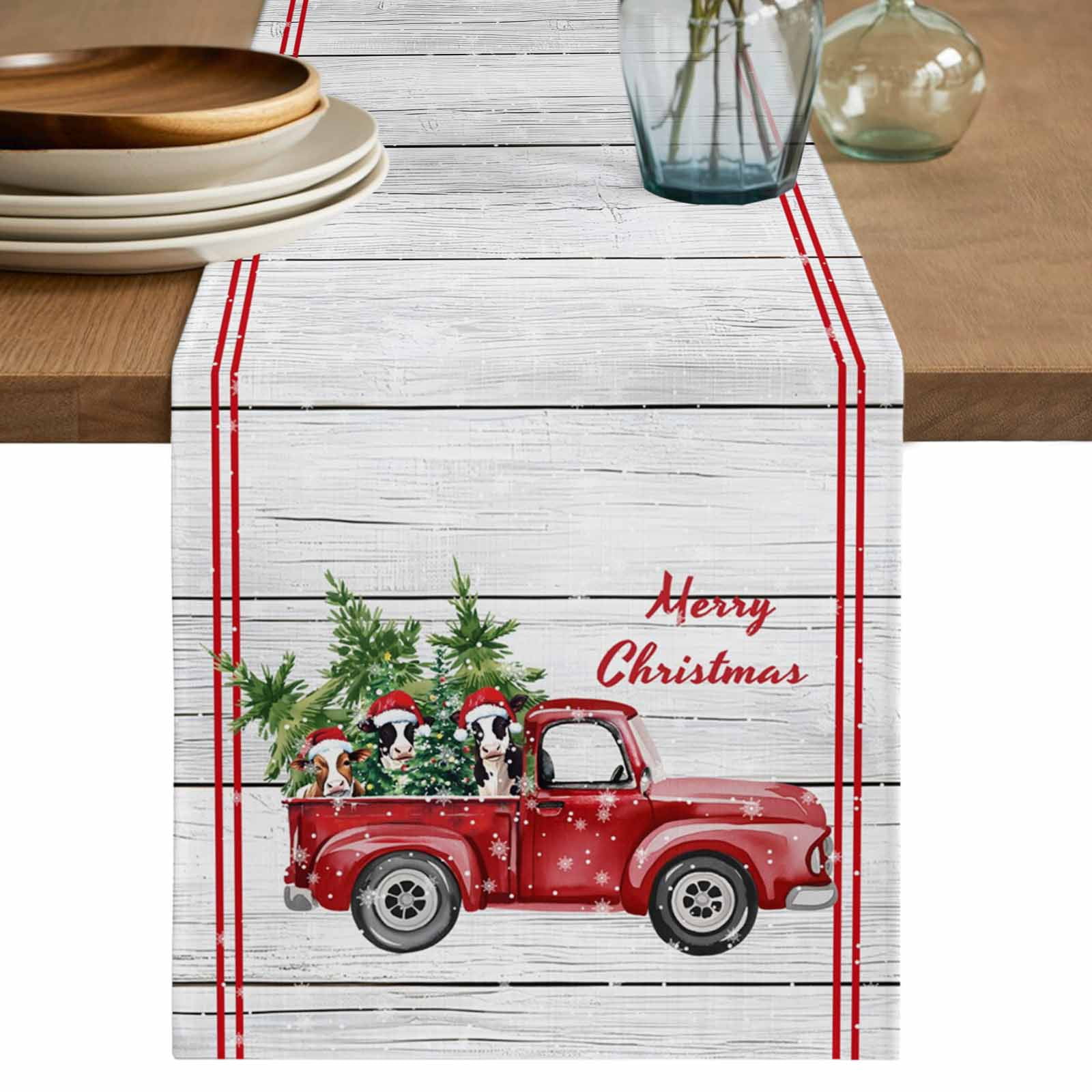 Christmas Red Truck Table Runner 36 Inches, Xmas Pine Tree Cute Cow ...