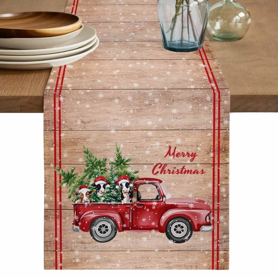 Christmas Red Truck Table Runner 48 Inches, Xmas Pine Tree Cute Cow ...