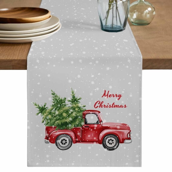 Christmas Red Truck Table Runner 60 Inches, Xmas Pine Tree Winter ...