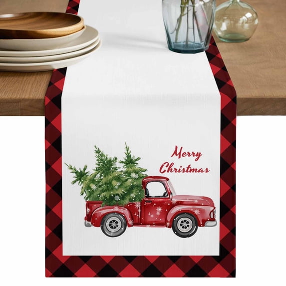 Christmas Red Truck Table Runner 70 Inches, Xmas Pine Tree Red Buffalo ...