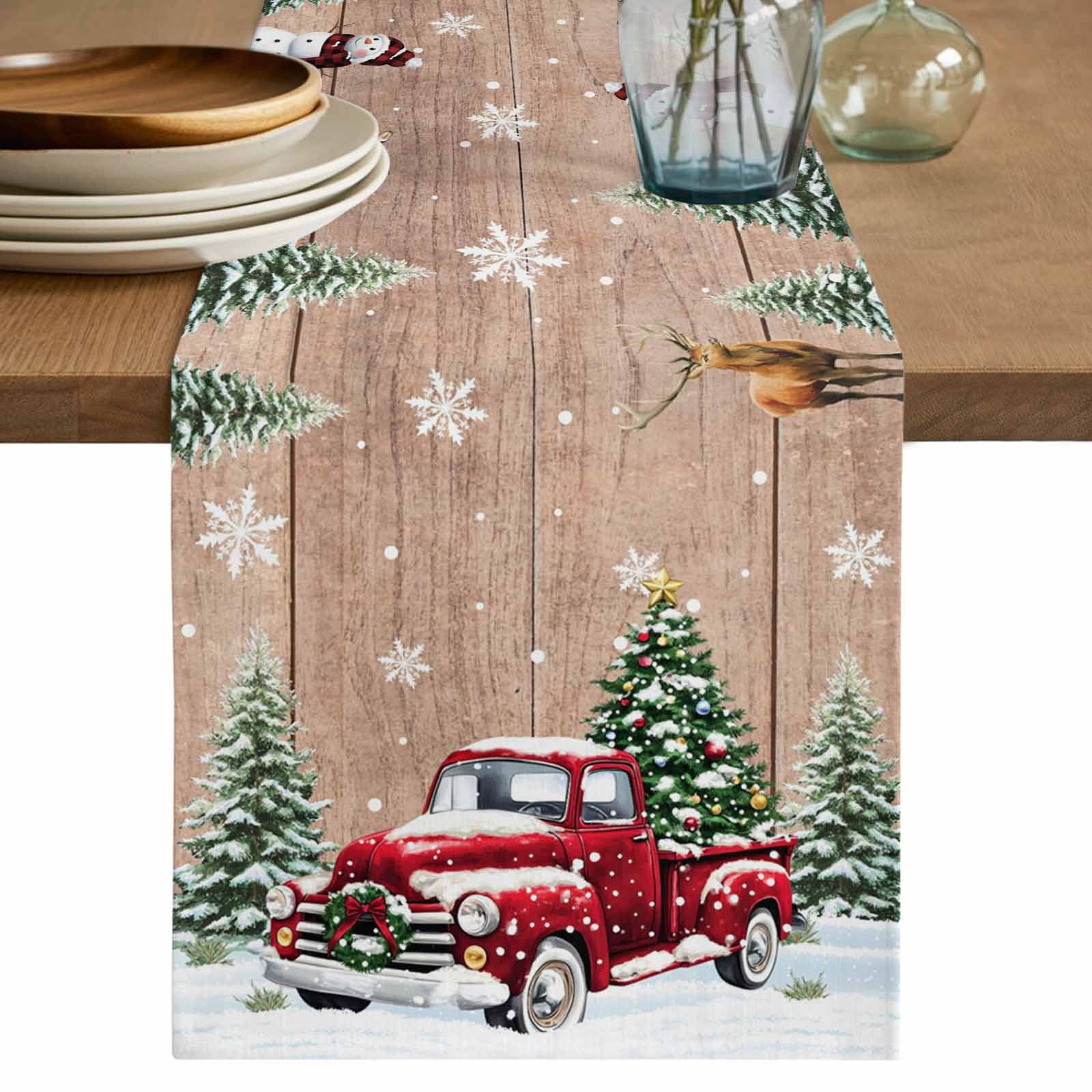 Christmas Red Truck Table Runner 72 Inches, Winter Farmhouse Snowflakes ...