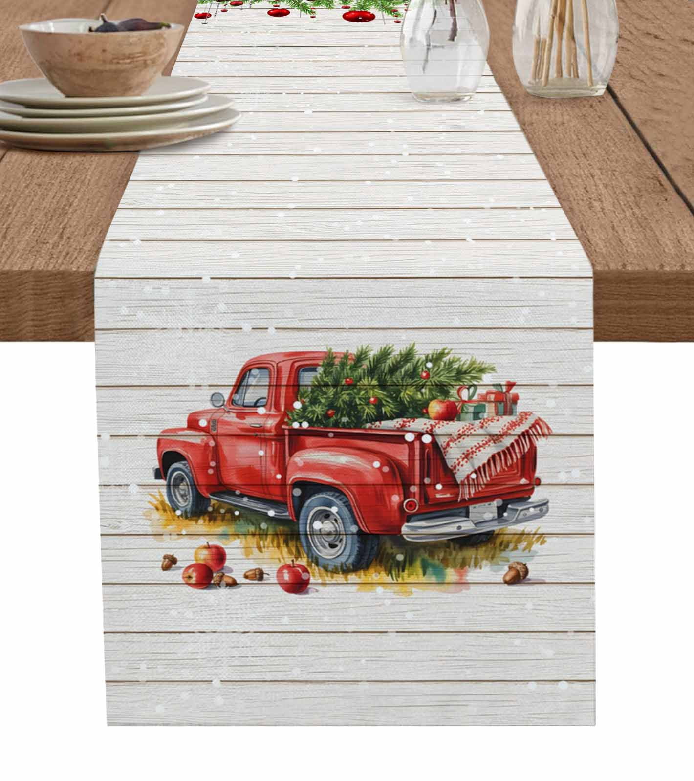 Christmas Red Truck Table Runner 72 Inches, Xmas Tree Balls Pine Brown ...