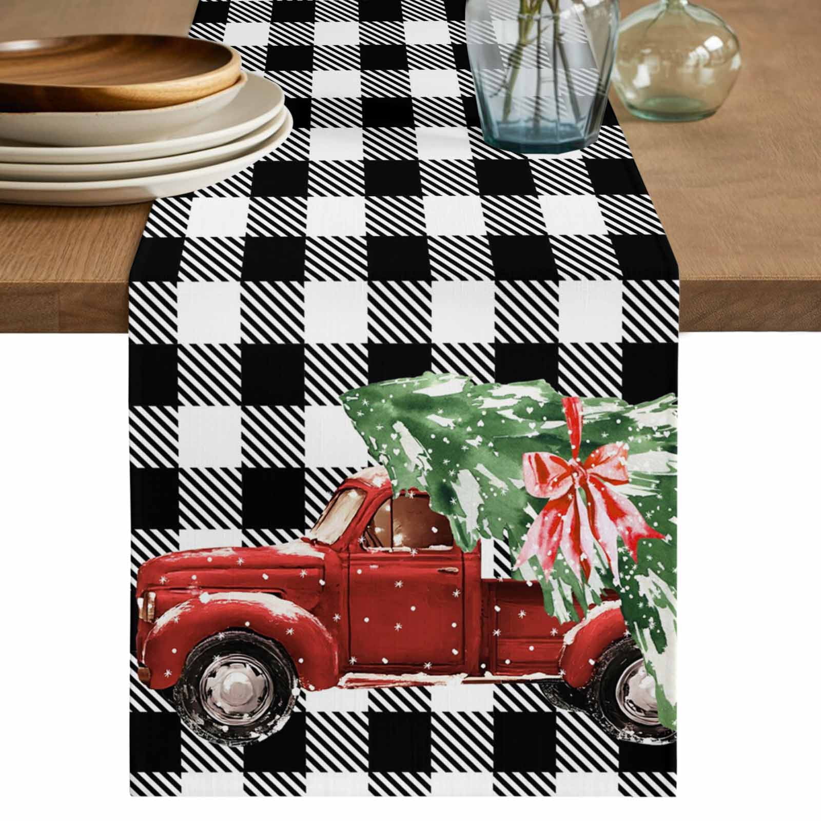 Christmas Red Truck Table Runner 72 Inches, Xmas Tree Bow Farm White ...