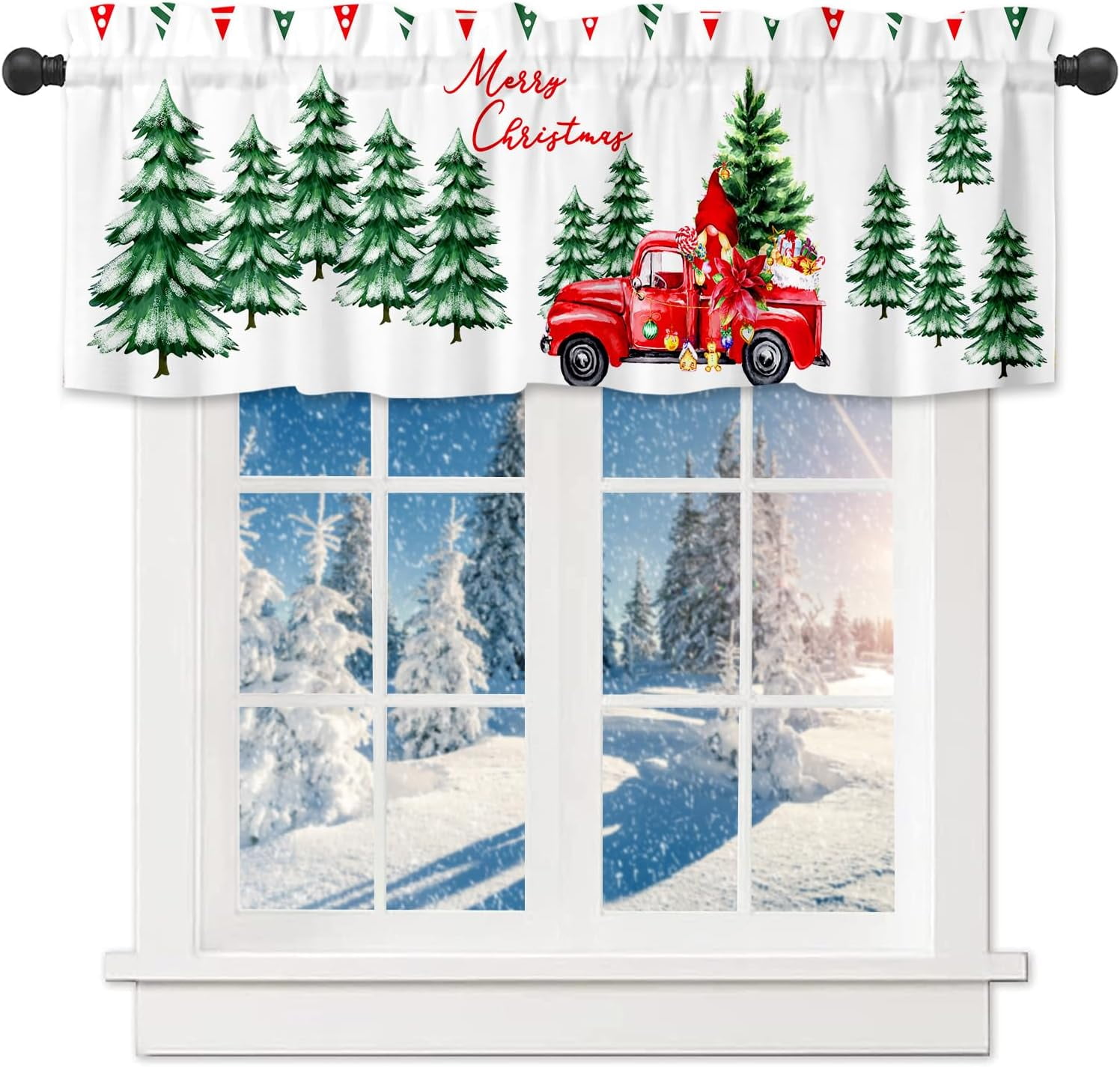 Christmas Red Truck Window Valances Pine Tree Snowy Valance Kitchen ...