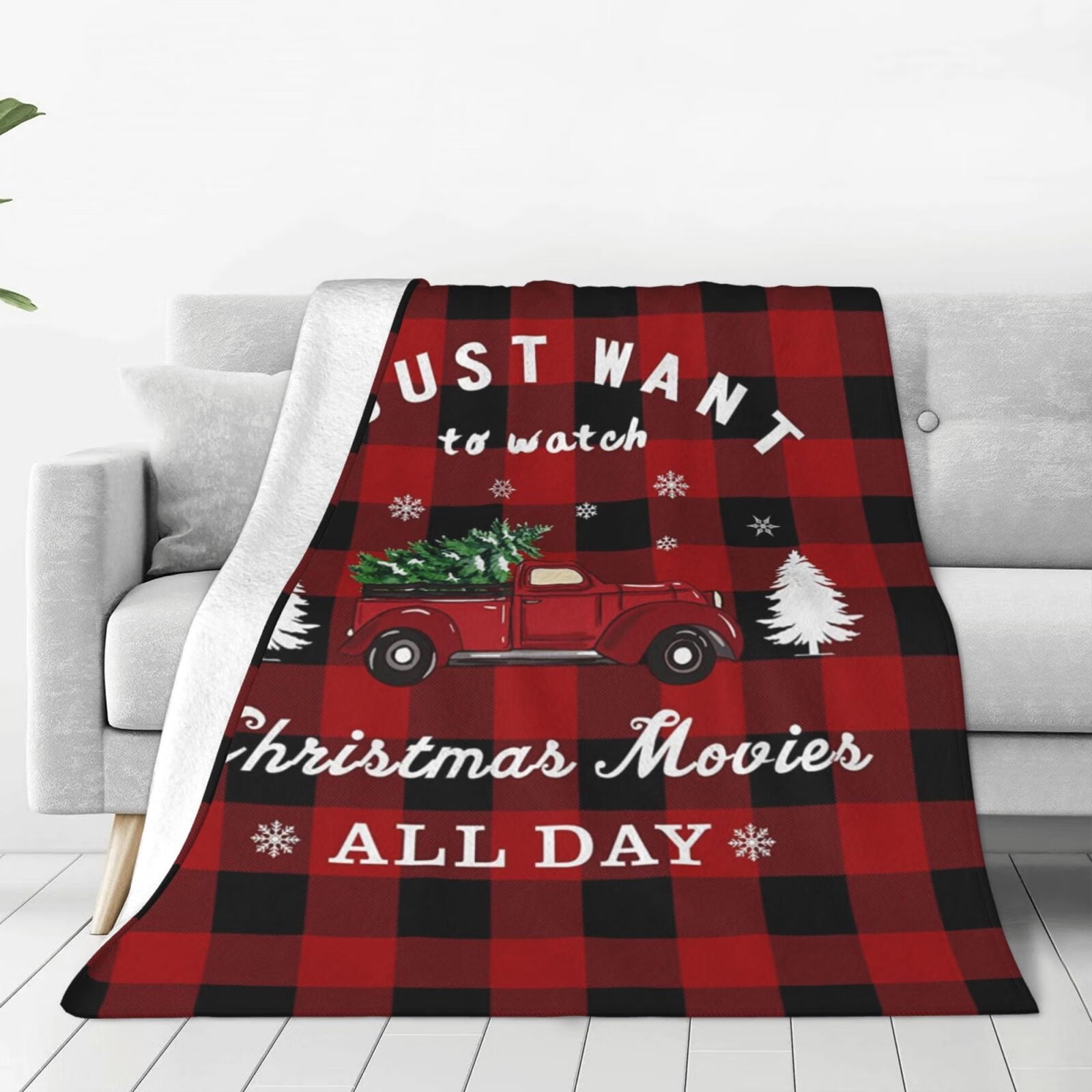 Christmas Red Truck and Xmas Tree Flannel Throw Blanket, Red and Black ...