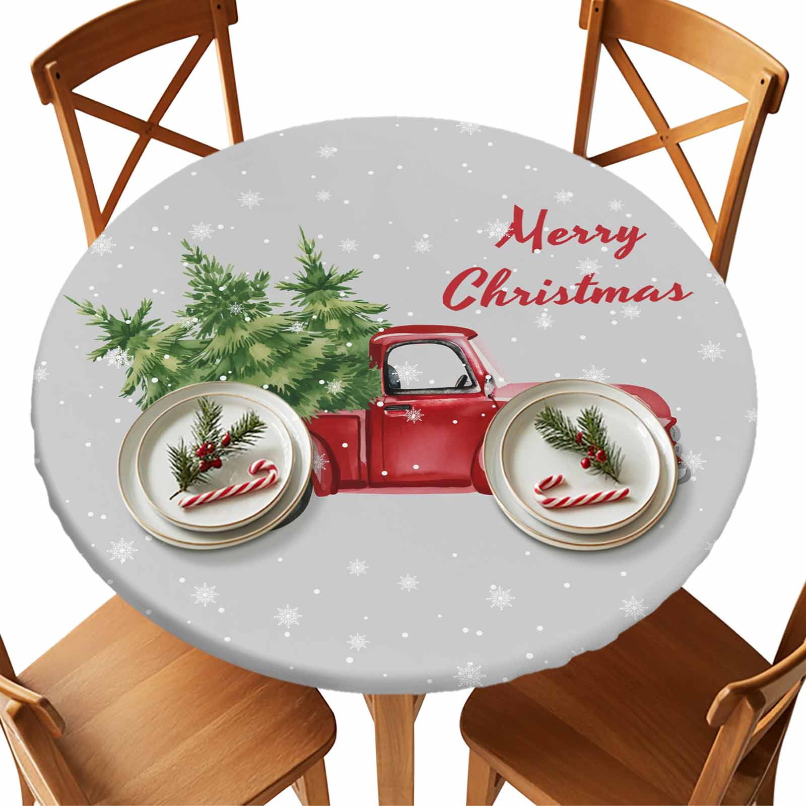 Christmas Red Truck with Pine Tree Fitted Round Tablecloths Table ...
