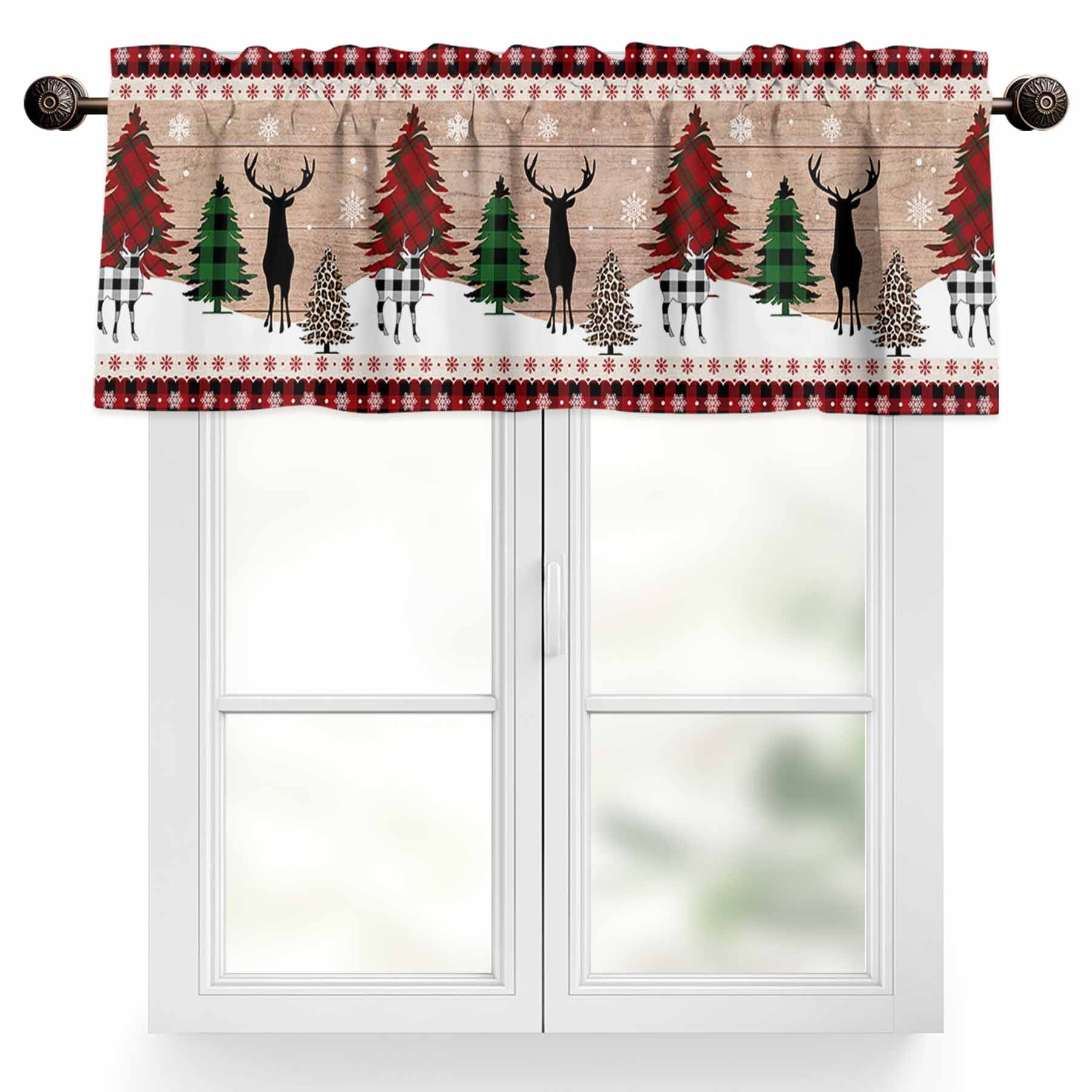 Christmas Red Valances for Windows, 42 x 12in, Black Plaid Reindeer ...