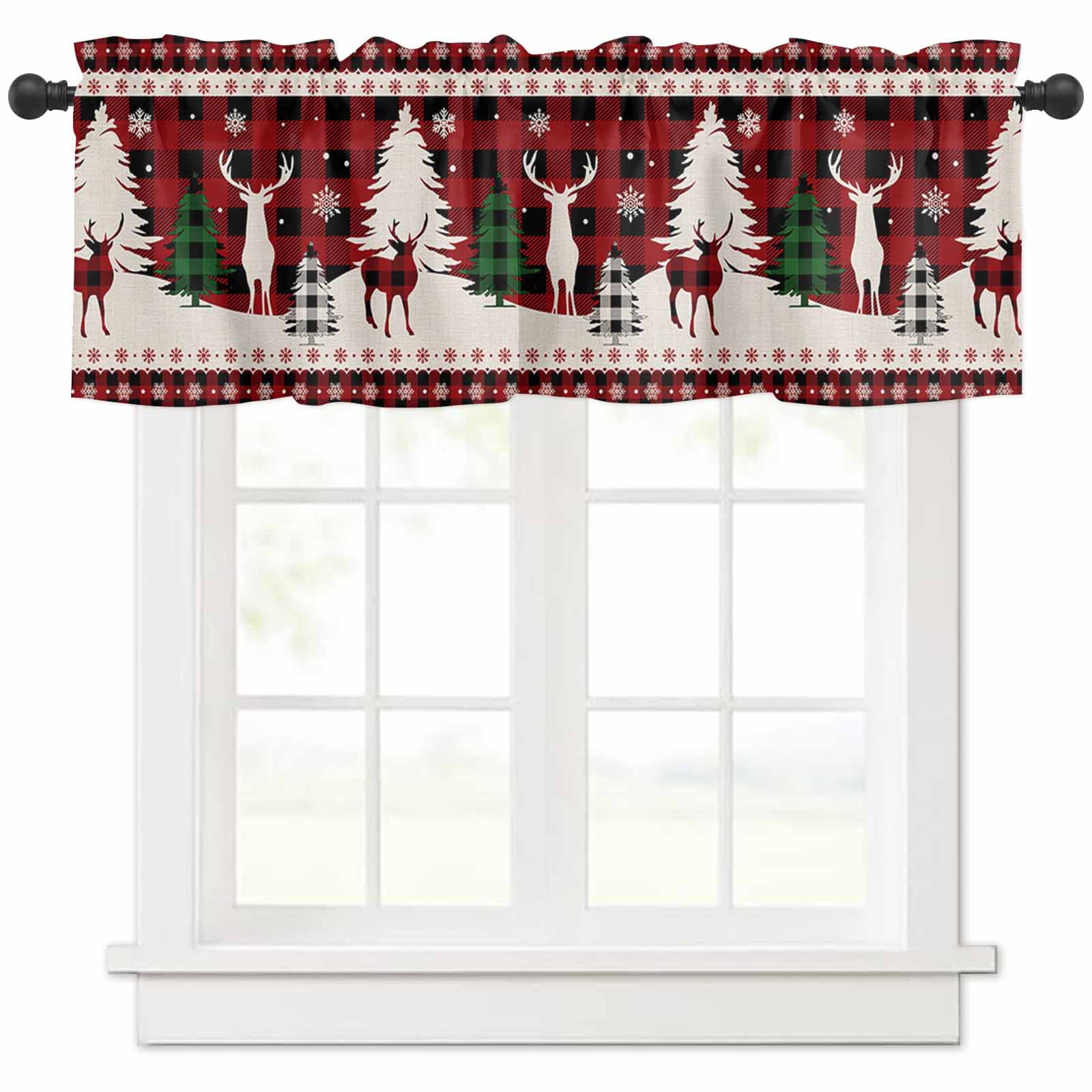 Christmas Red Valances for Windows, Black Plaid Reindeer Xmas Tree ...