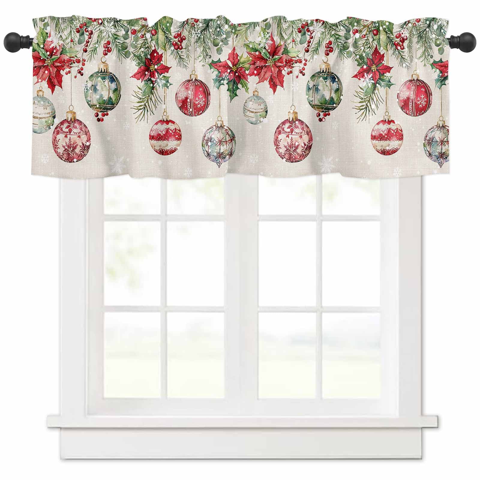 Christmas Red Valances for Windows, Green Balls Poinsettia Berry ...