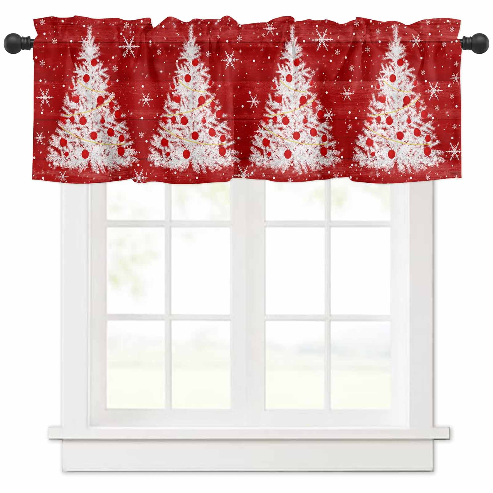 Christmas Red Valances for Windows, White Xmas Tree Winter Snowflakes ...