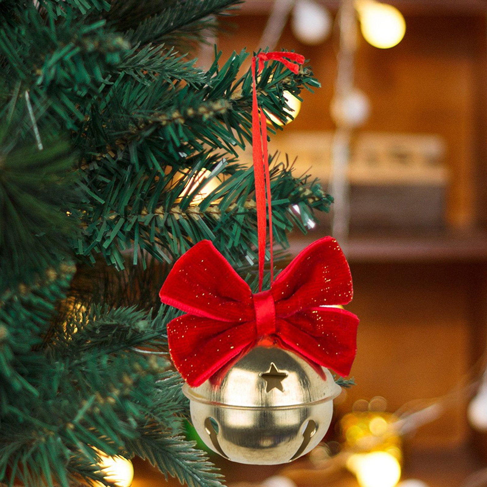 Christmas Red Velvet Bow Bell Ornament, Handwoven Rattan Bells with ...