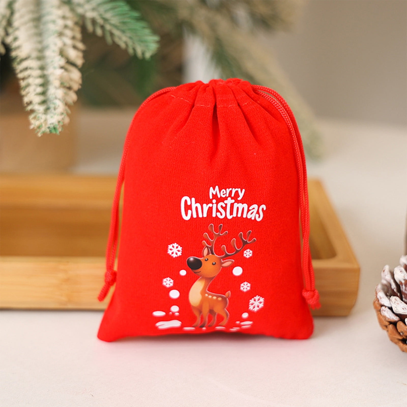 Christmas Red Velvet Drawstring Gift Bag – Printed Cloth Pouch for ...