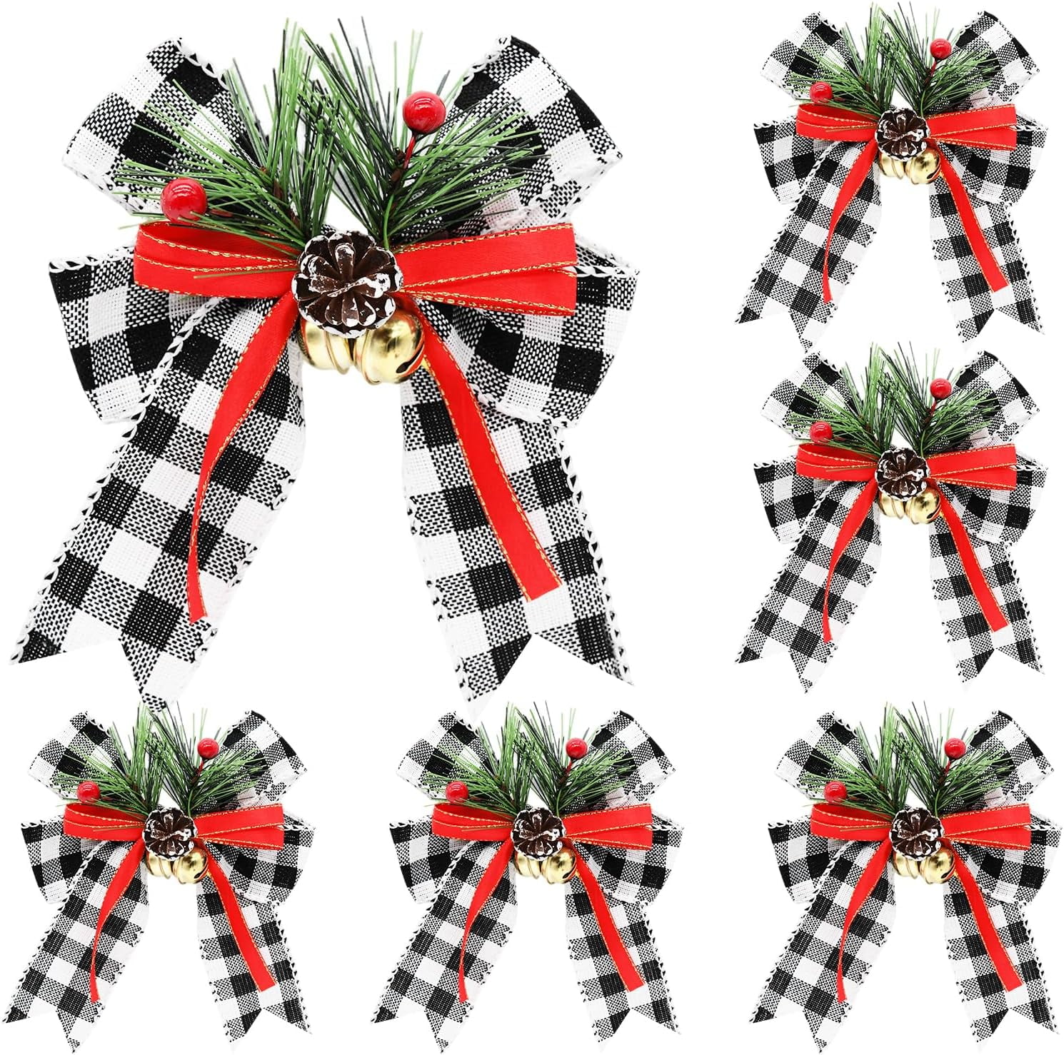 Christmas Red Velvet Wreath Bow, 6Pcs Christmas Bows with Pine Cones ...