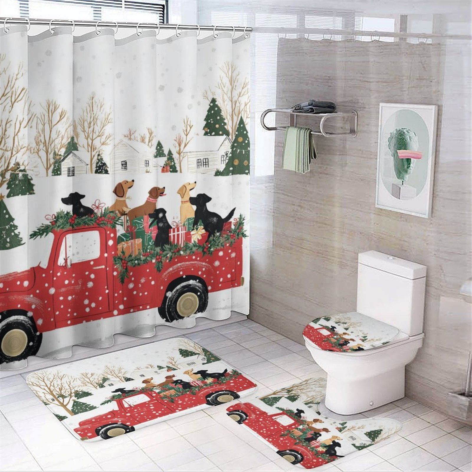 Christmas Red Vintage Truck Winter Dogs 4 Pcs Shower Curtain Sets with ...