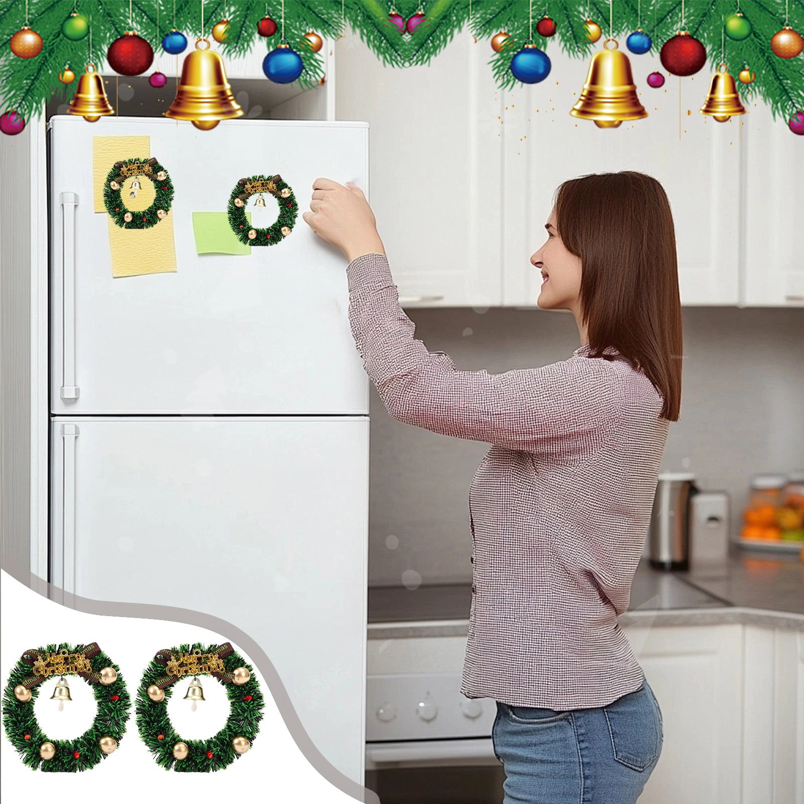 Christmas Refrigerator Decorations - 2 Pack Magnetic Wreaths with Bells ...