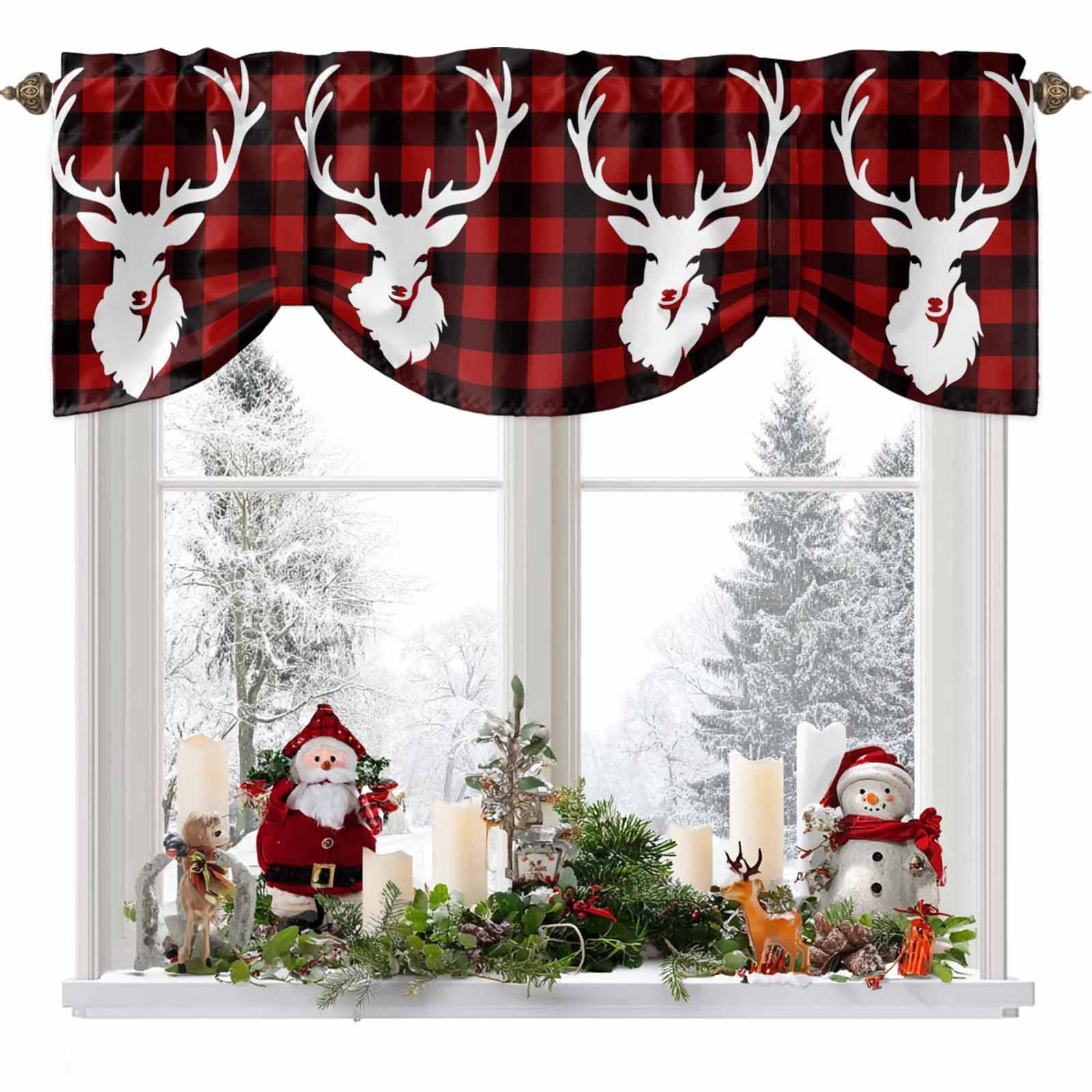 Christmas ReinTie Up Valances Curtain, Red Black Stripes Winter Vintage ...