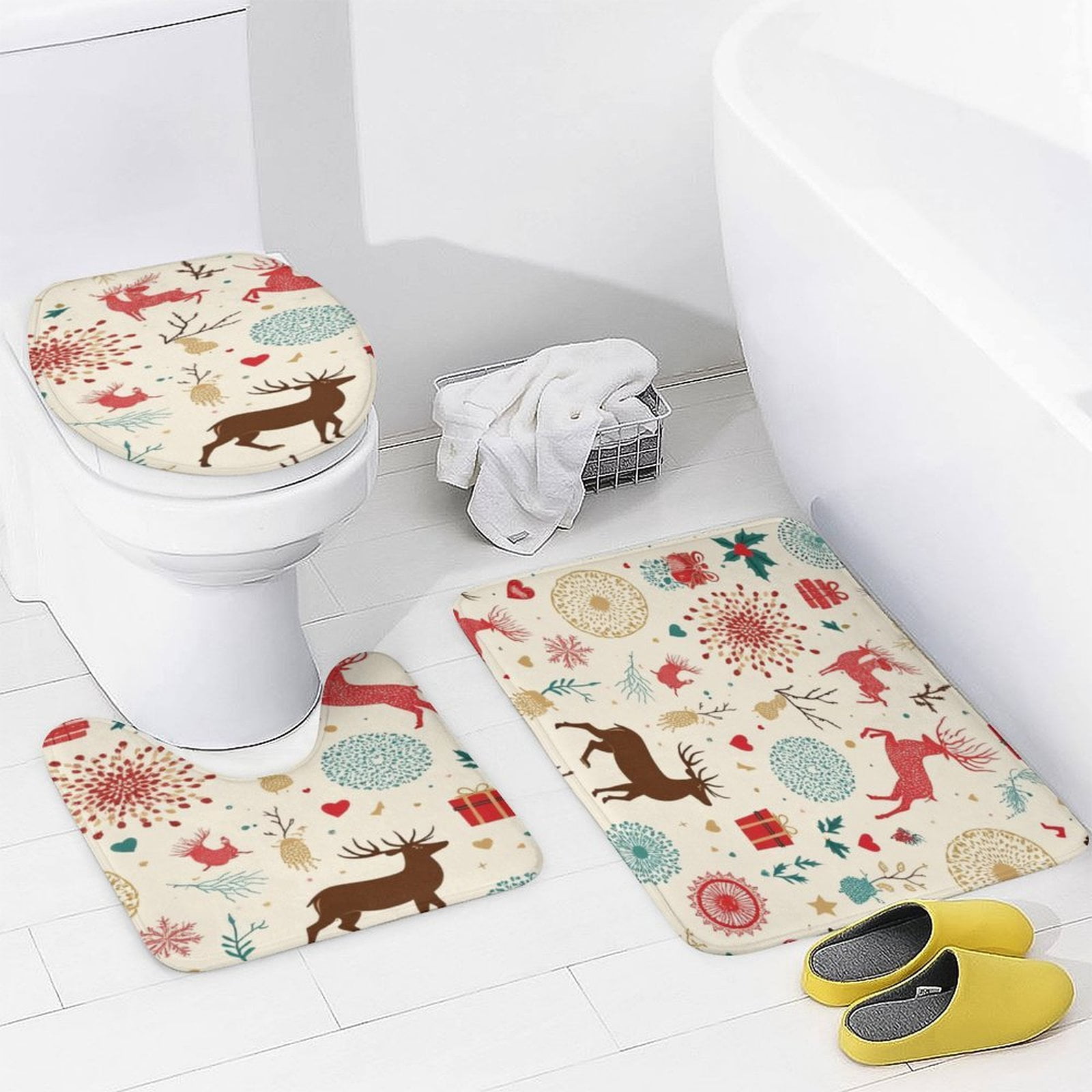 Christmas Reindeer And Gift Pattern Bathroom Mats Sets 3 Piece, Bath ...