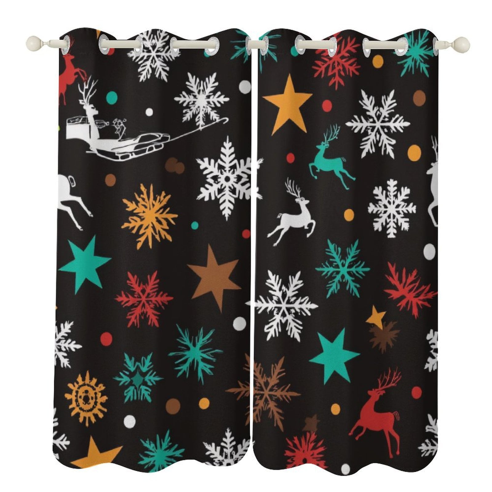 Christmas Reindeer And Snowflakes Pattern 2 Panels 3D Printing Pattern Curtain for Bedroom ...