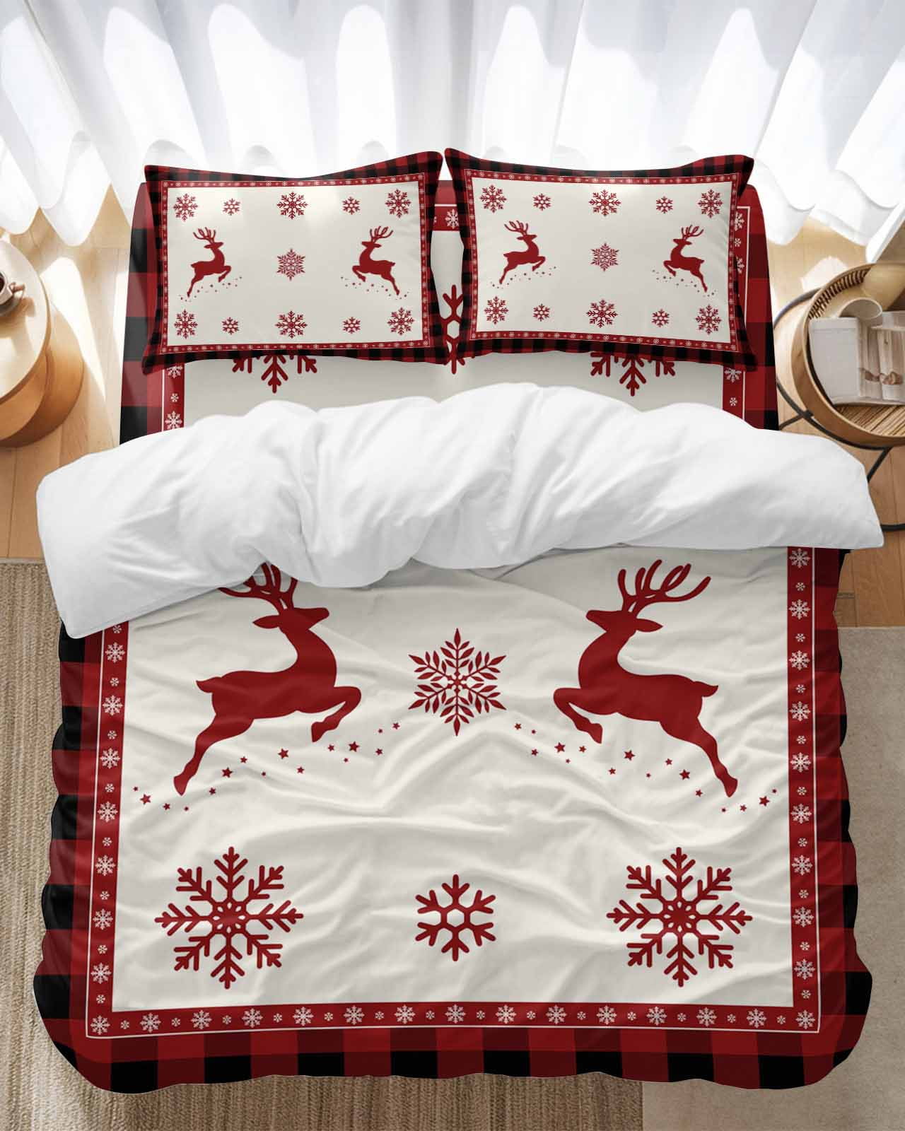 Christmas Reindeer Bedding Duvet Cover Set Queen Size 4 Pieces Snowflake Red Plaid Soft Twill ...