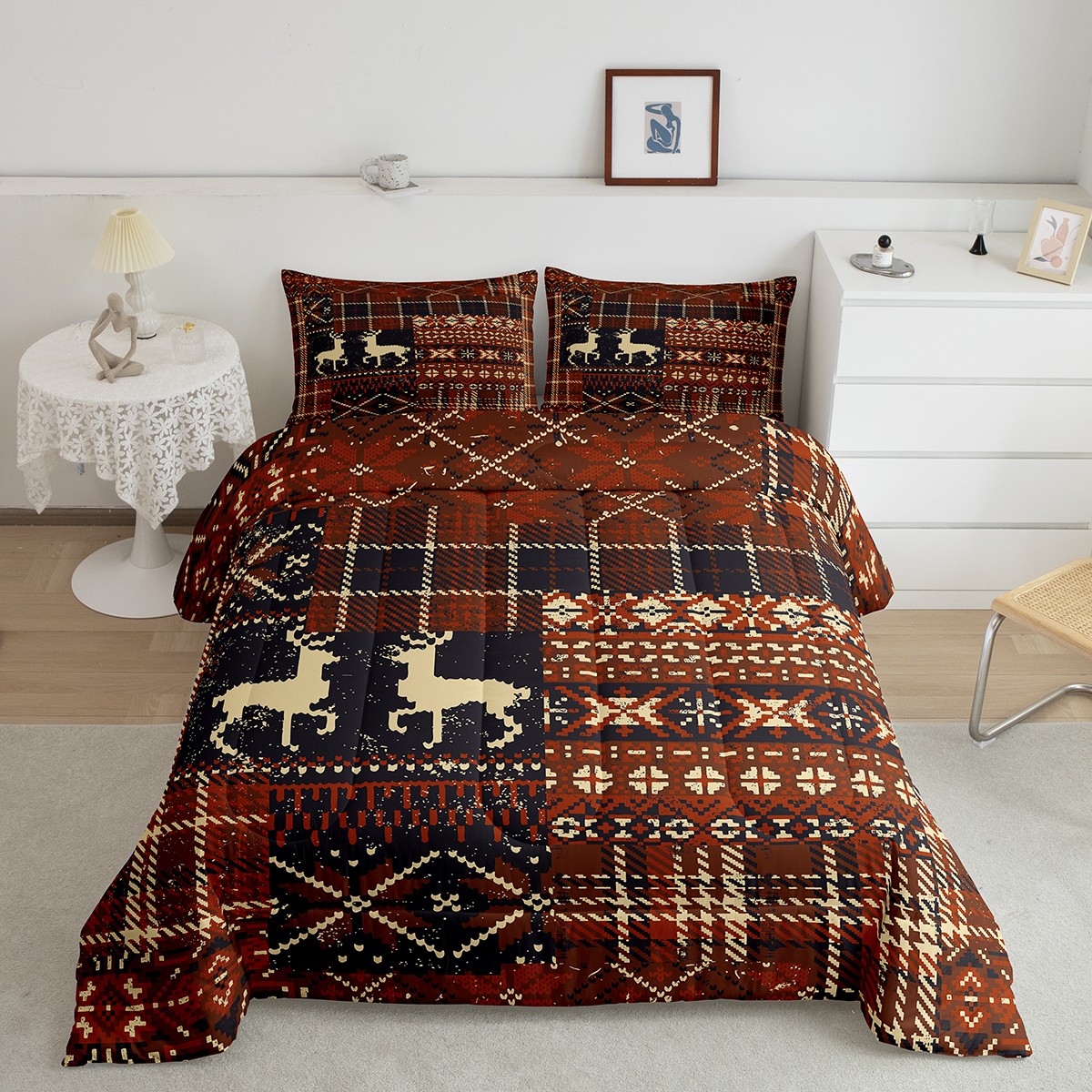 Christmas Reindeer Comforter Set Xmas Buffalo Plaid Winter Snowflake ...